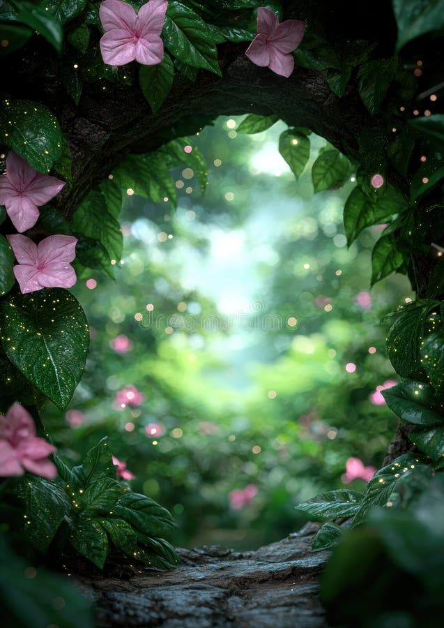 Enchanted Forest Scene with Glowing Flowers Stock Illustration ...