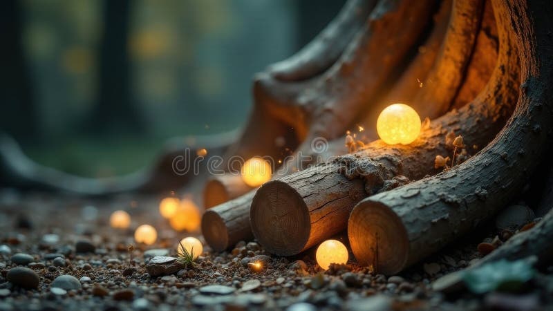 Enchanted Forest Scene Glowing Orbs Resting on Ancient Tree Roots in a ...