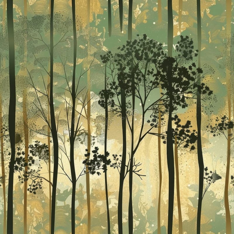 Enchanted Forest Scene with Golden Textures and Silhouetted Trees Stock ...