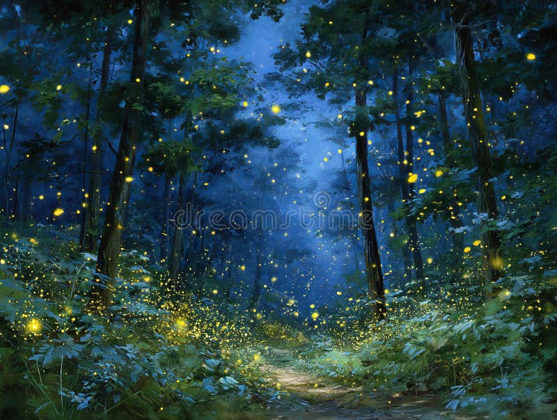 Enchanted Forest Scene Illuminated by Glowing Fireflies at Twilight with Lush Greenery Stock ...
