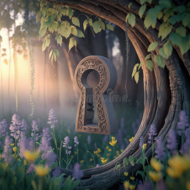 Enchanted Forest Scene with a Large Ornate Keyhole Embedded in a Tree ...