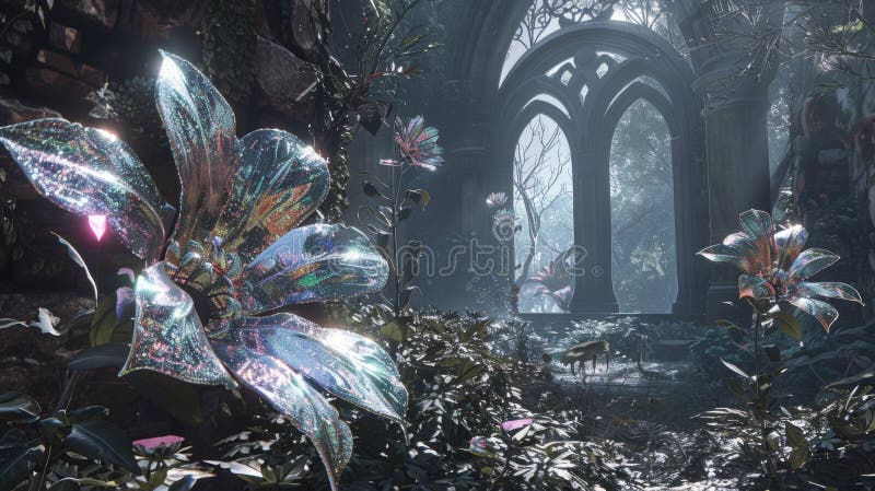 Enchanted Forest Scene with Luminous Flowers and Ancient Archway Stock ...