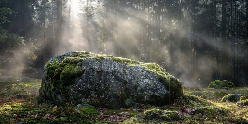 Enchanted Forest Scene with Moss-covered Rock Stock Illustration ...