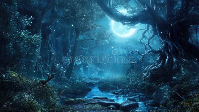 Enchanted Forest Scene with Mystical Moonlight. Resplendent. Stock ...