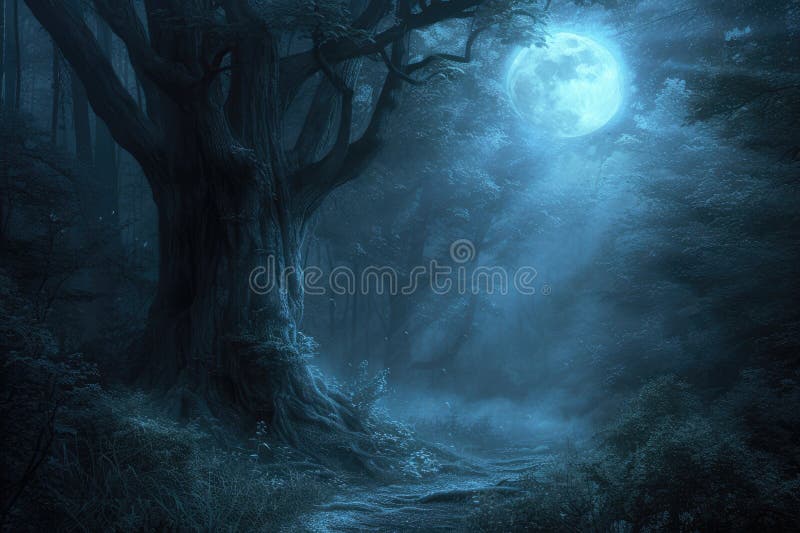 Enchanted Forest Scene with Mystical Moonlight. Resplendent. Stock ...