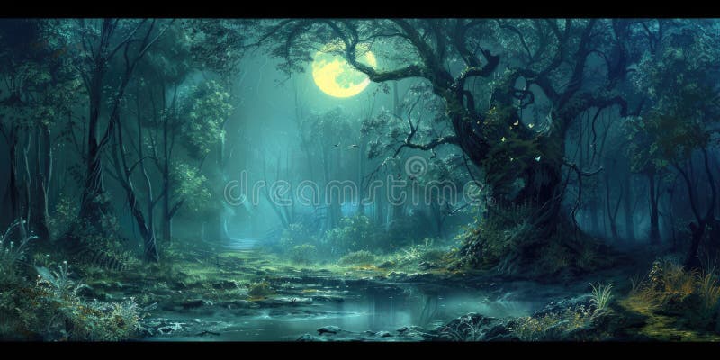 Enchanted Forest Scene with Mystical Moonlight. Resplendent. Stock ...