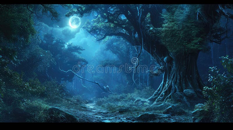 Enchanted Forest Scene with Mystical Moonlight. Resplendent. Stock ...