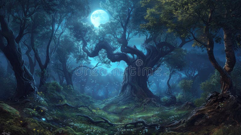 Enchanted Forest Scene with Mystical Moonlight. Resplendent. Stock ...