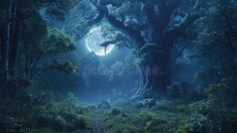 Enchanted Forest Scene with Mystical Moonlight. Resplendent. Stock ...