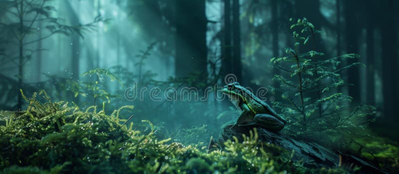 Enchanted Forest Scene with Realistic Frog Under Atmospheric Rembrandt ...