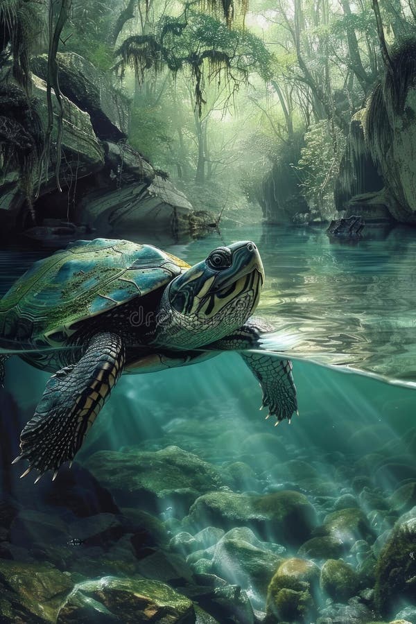 Enchanted Forest Scene with Serene Turtle in Tranquil River Amongst ...