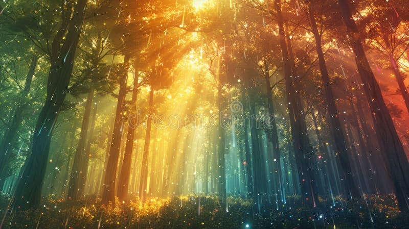 Enchanted Forest Scene with Sunbeams Filtering through Tall Trees ...