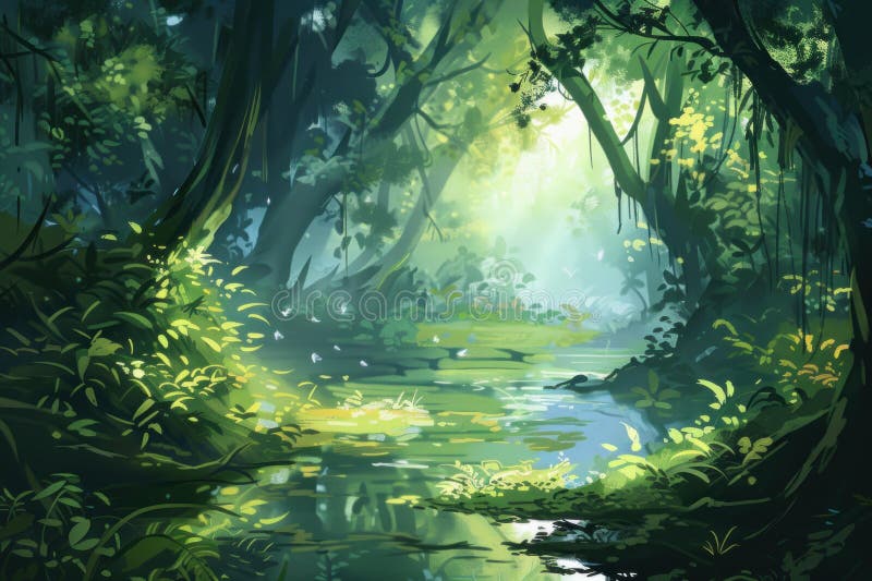 Enchanted Forest Scene with Sunlight and Stream Stock Illustration ...