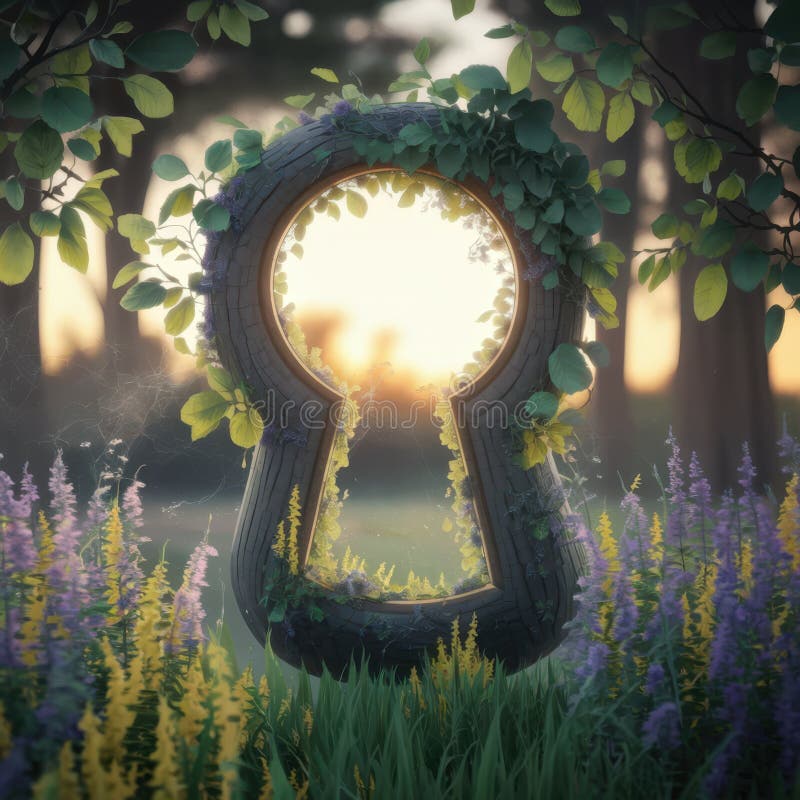 Enchanted Forest Scene with Sunlight Streaming through a Keyhole-shaped ...