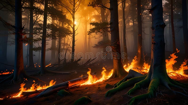 An Enchanted Forest Scene with Trees Ablaze in Golden Magical Fire ...