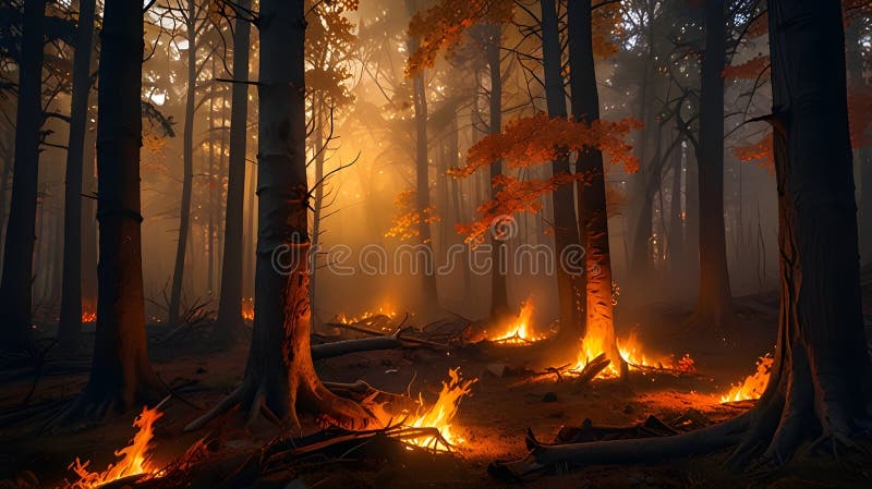 An Enchanted Forest Scene with Trees Ablaze in Golden Magical Fire ...