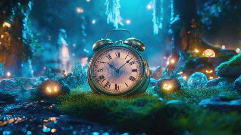 Enchanted Forest Scene with Vintage Clock and Glowing Lights Stock ...
