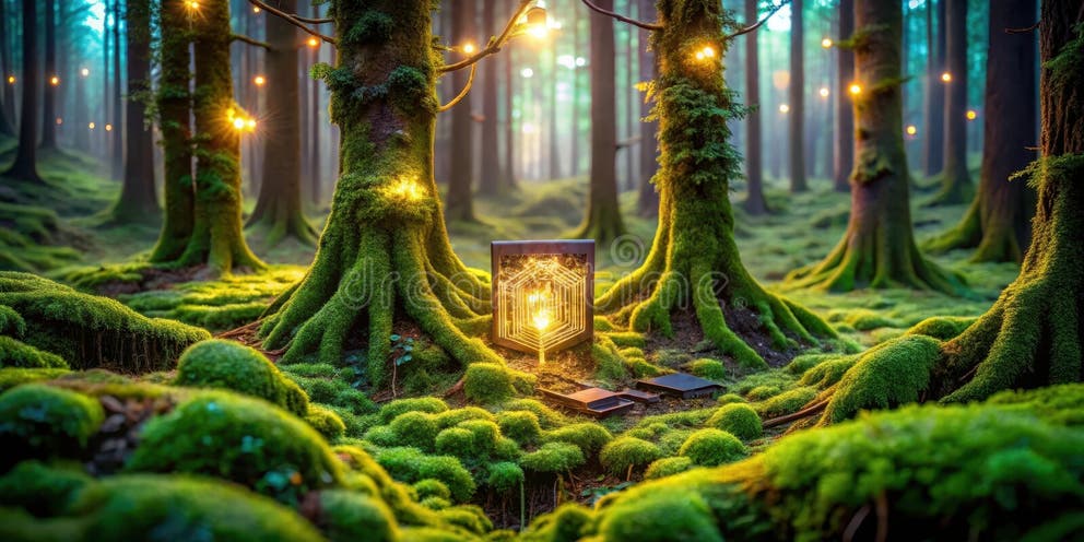 Enchanted Forest Setting with Glowing Hexagonal Device and Mysterious ...