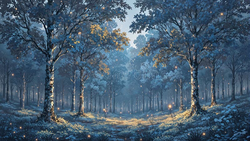 Enchanted Forest with Silver Trees Glowing Leaves Mossy Ground and ...