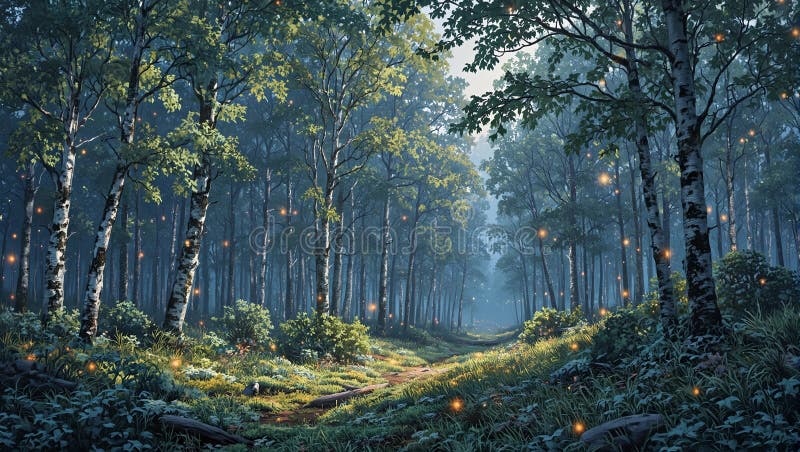 Enchanted Forest with Silver Trees Glowing Leaves Mossy Ground and ...