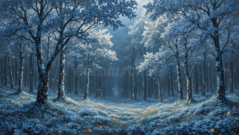 Enchanted Forest with Silver Trees Glowing Leaves Mossy Ground and ...