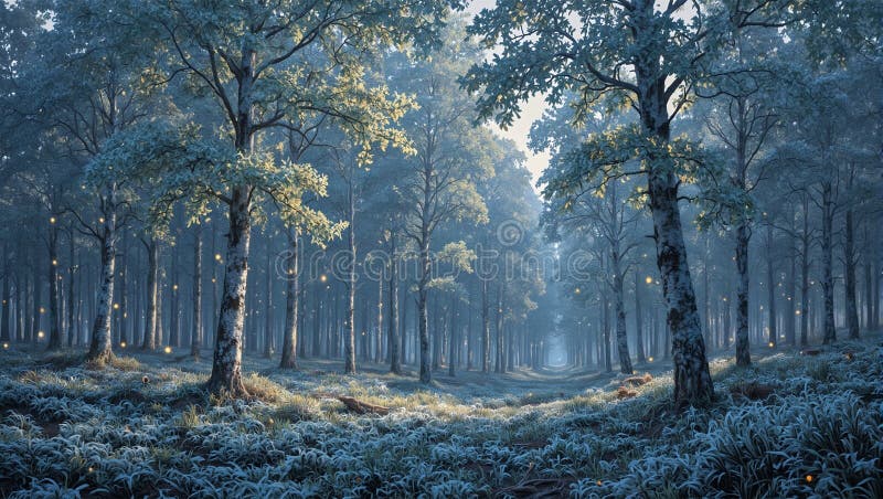 Enchanted Forest with Silver Trees Glowing Leaves Mossy Ground and ...