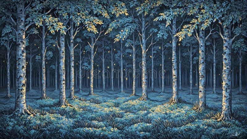 Enchanted Forest with Silver Trees Glowing Leaves Mossy Ground and ...