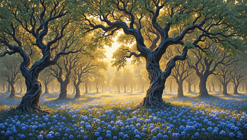 Enchanted Forest with Silver Trees Golden Leaves Blue Flowers and ...