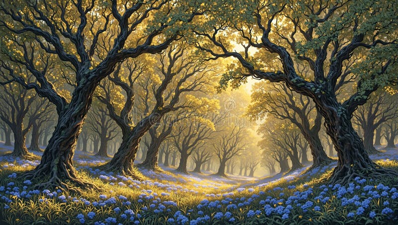 Enchanted Forest with Silver Trees Golden Leaves Blue Flowers and ...