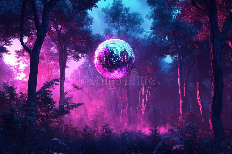 Enchanted Forest with Sparkling Disco Ball at Twilight Stock ...