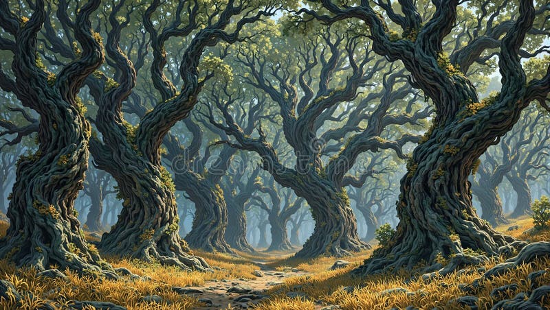 Enchanted Forest with Spiral Marble Trees Golden Leaf Carpet and ...