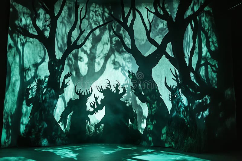 Enchanted Forest Stage with Dark Silhouettes of Mysterious Creatures ...