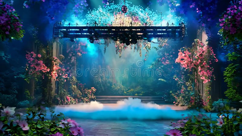 Enchanted Forest Stage with Vibrant Floral Lighting Display Stock Video ...