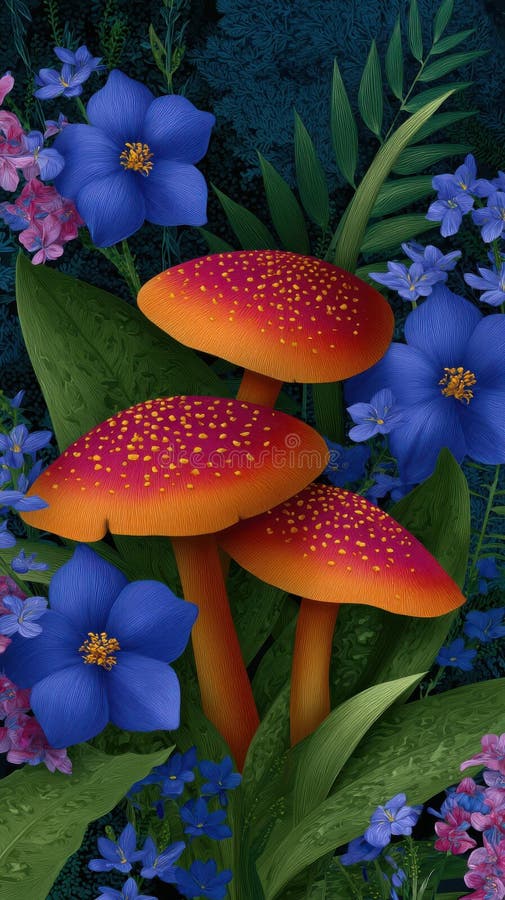 Enchanted Forest Still Life with Toadstools Blue Flowers and Lush ...