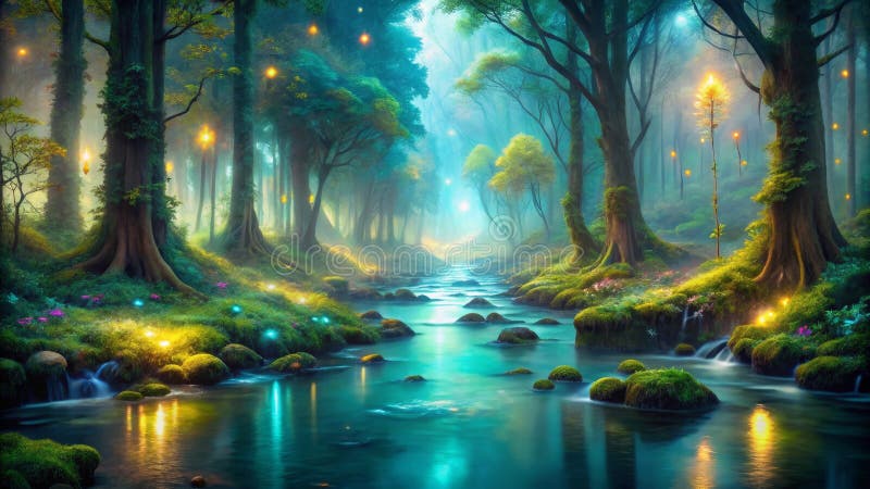 Enchanted Forest Stream with Glowing Lights and Mossy Rocks. Generative ...