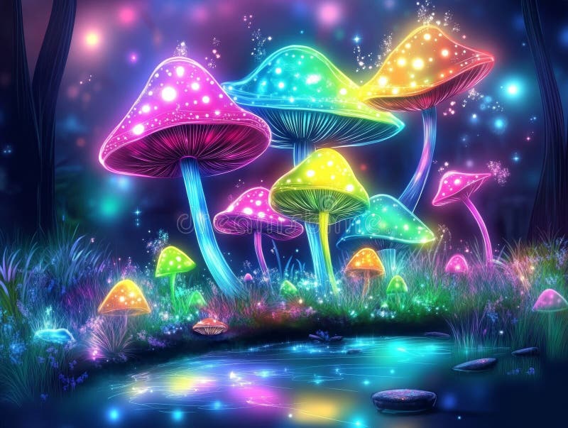 An Enchanted Forest Stream is Made Brighter by Glowing Mushrooms Stock ...