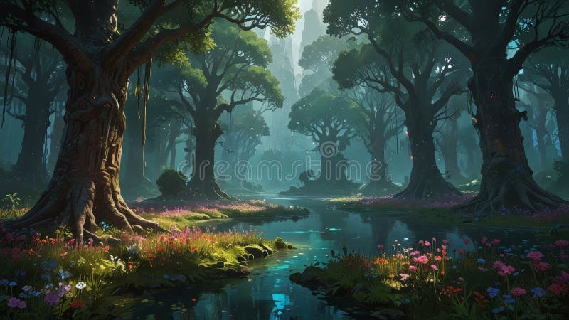 Enchanted Forest Stream stock illustration. Illustration of natural ...