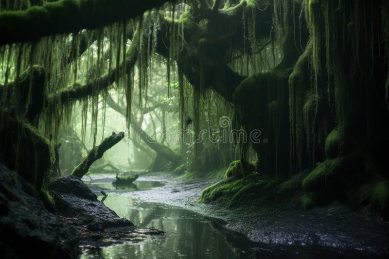 Enchanted Forest Stream with Moss-covered Rocks and Hanging Vines Stock ...