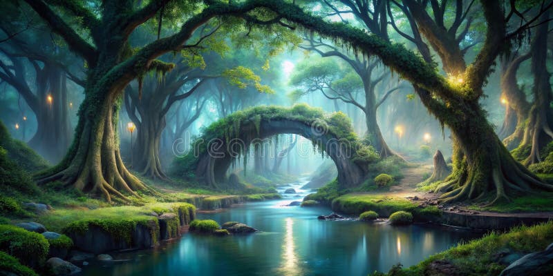 Enchanted Forest Stream with Mossy Arch Bridge and Glowing Lights ...