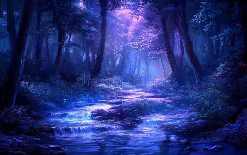 A Magical Forest at Night with a Glowing Stream Stock Illustration ...