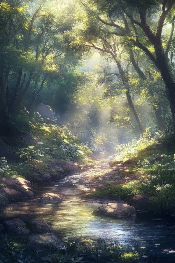 Enchanted Forest Stream Pathway Stock Illustration - Illustration of ...