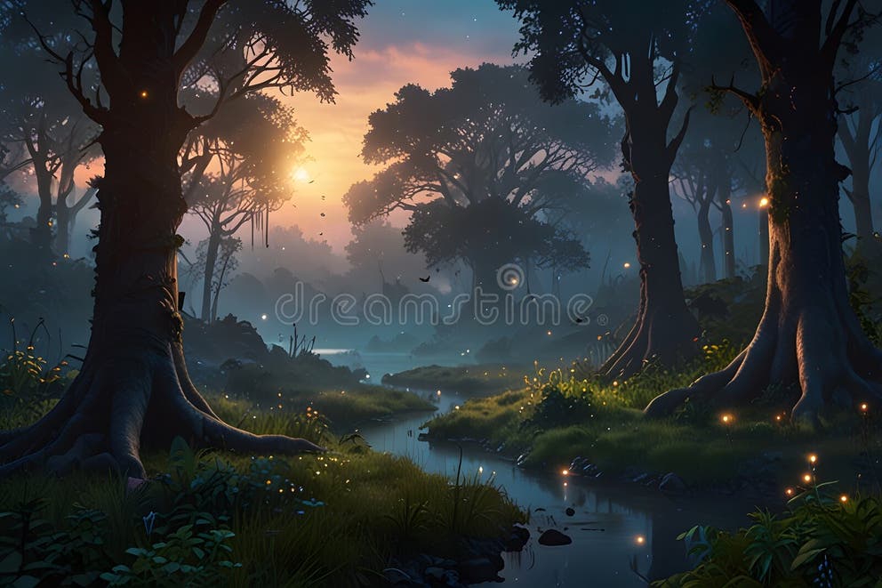 Enchanted Forest Stream at Sunset with Fireflies and Ancient Trees ...