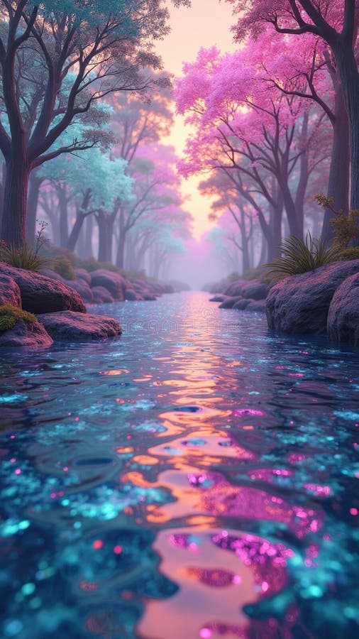Enchanted Forest Stream at Sunset with Vibrant, Magical Colors Stock ...