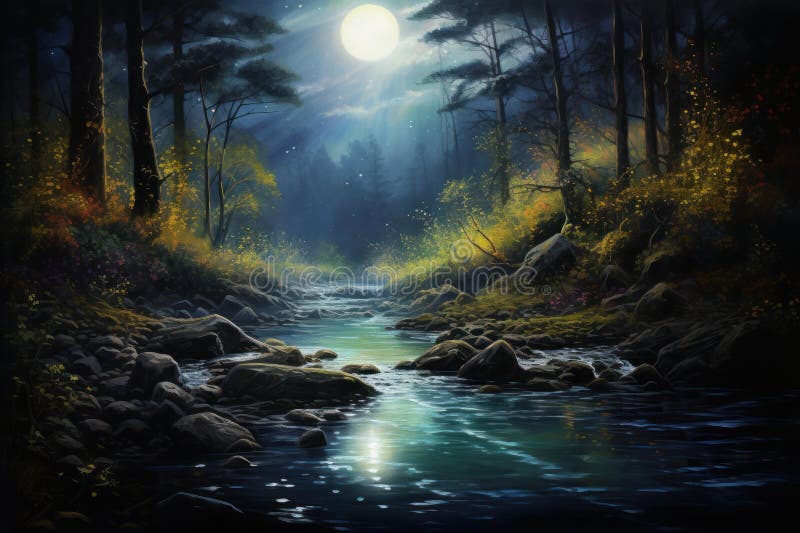 Enchanted Forest Stream Under Moonlight Stock Illustration ...
