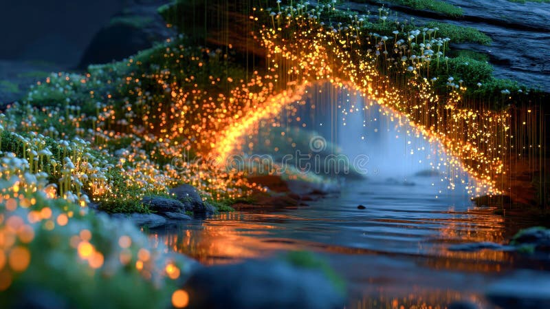 Enchanted Forest Stream Under a Rock Bridge, Glowing with Golden ...
