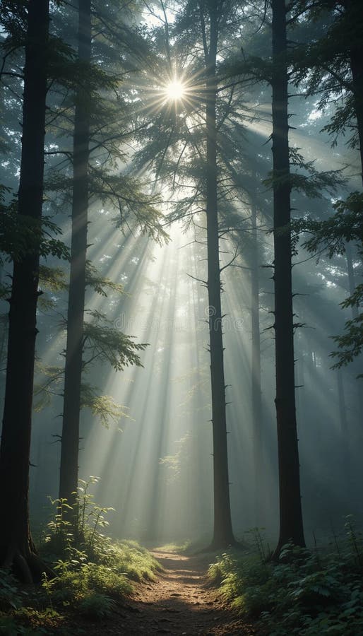 Enchanted Forest with Sunbeams and Morning Mist Stock Image - Image of ...