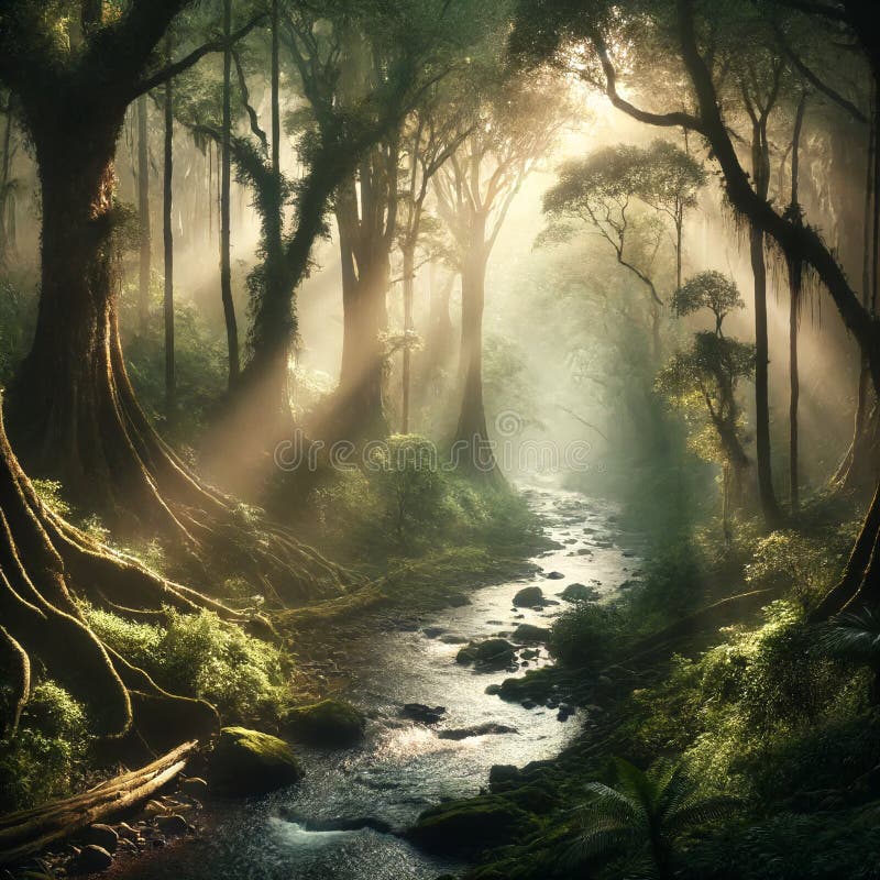 Enchanted Forest with Sunlit Stream Stock Illustration - Illustration ...