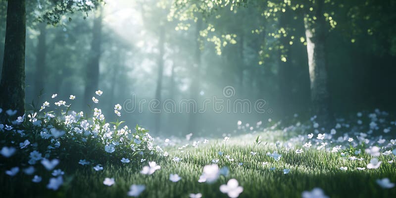 Enchanted Forest Sunlit Woods White Flowers Nature Background Stock ...