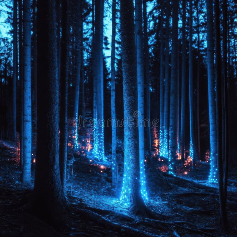 Enchanted Forest, a Symphony of Blue Lights Stock Image - Image of dark ...