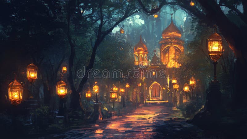 Enchanted Forest Temple at Night with Glowing Lamps Stock Illustration ...